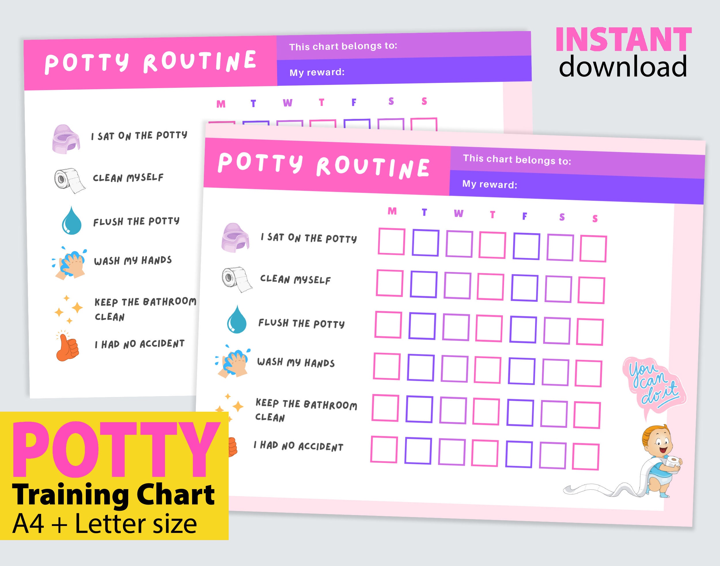 Potty Training Chart Printable Pink, Potty Training Printable, Reward ...