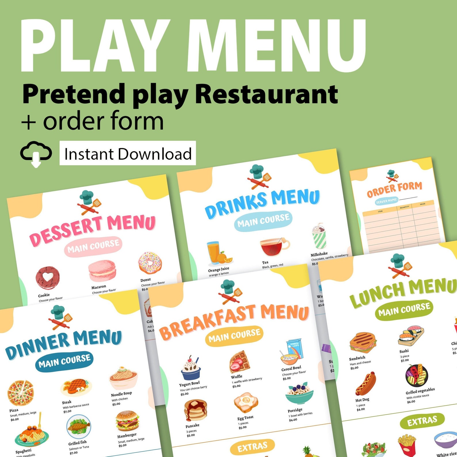 Pretend Play Restaurant Menu Printable, Kids Kitchen Play Menus, Kids ...