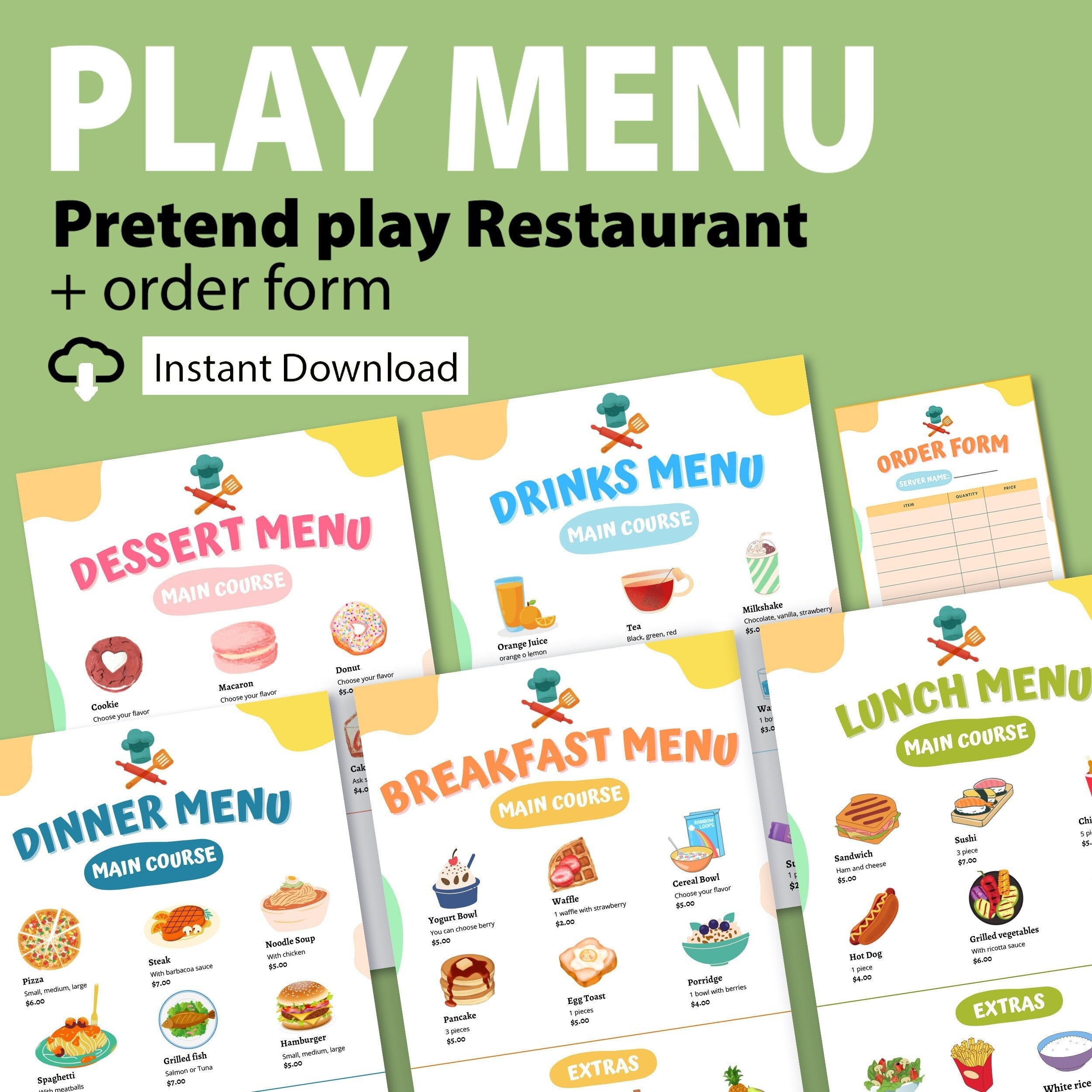 Pretend Play Restaurant Menu Printable, Kids Kitchen Play Menus, Kids ...
