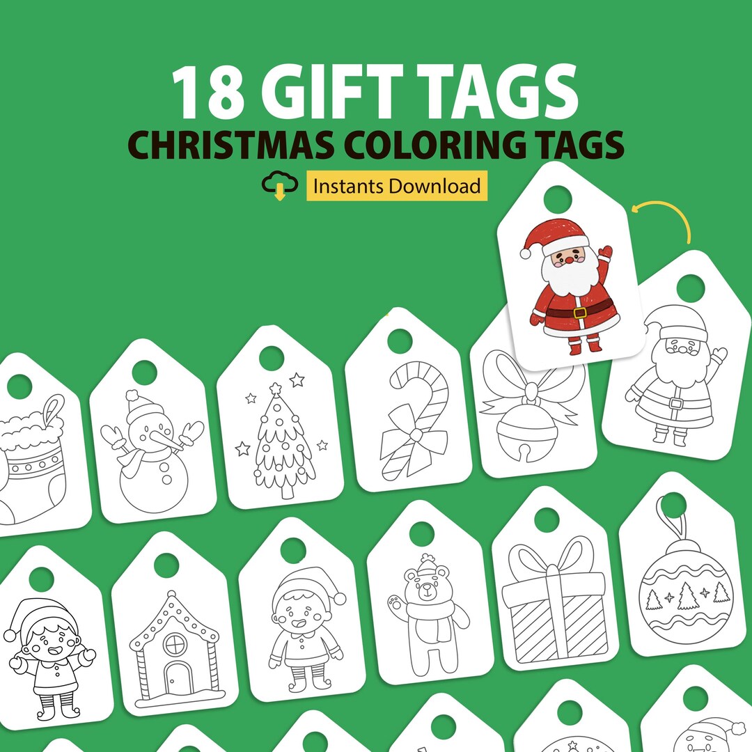 18 Coloring Christmas Tags Printable, DIY Xmas Gift Labels, Christmas ...