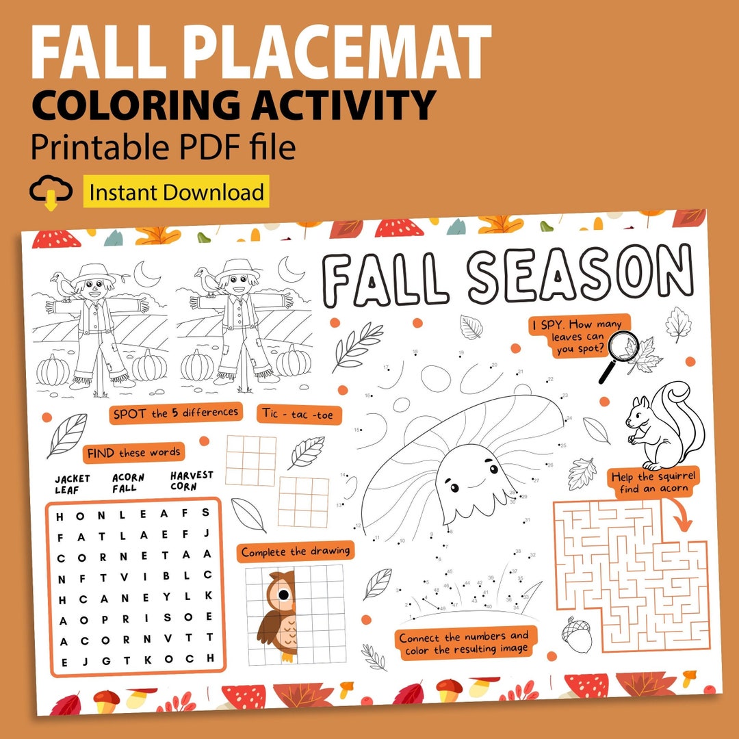 Fall Coloring Placemat Printable Activity for Kids, Autumn Coloring ...