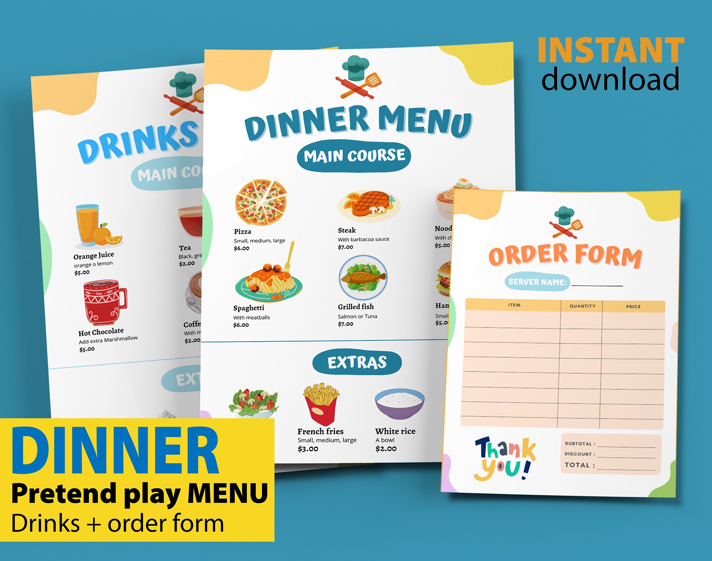 Pretend Play Restaurant Dinner Menu Printable, Dramatic Play, Kids ...