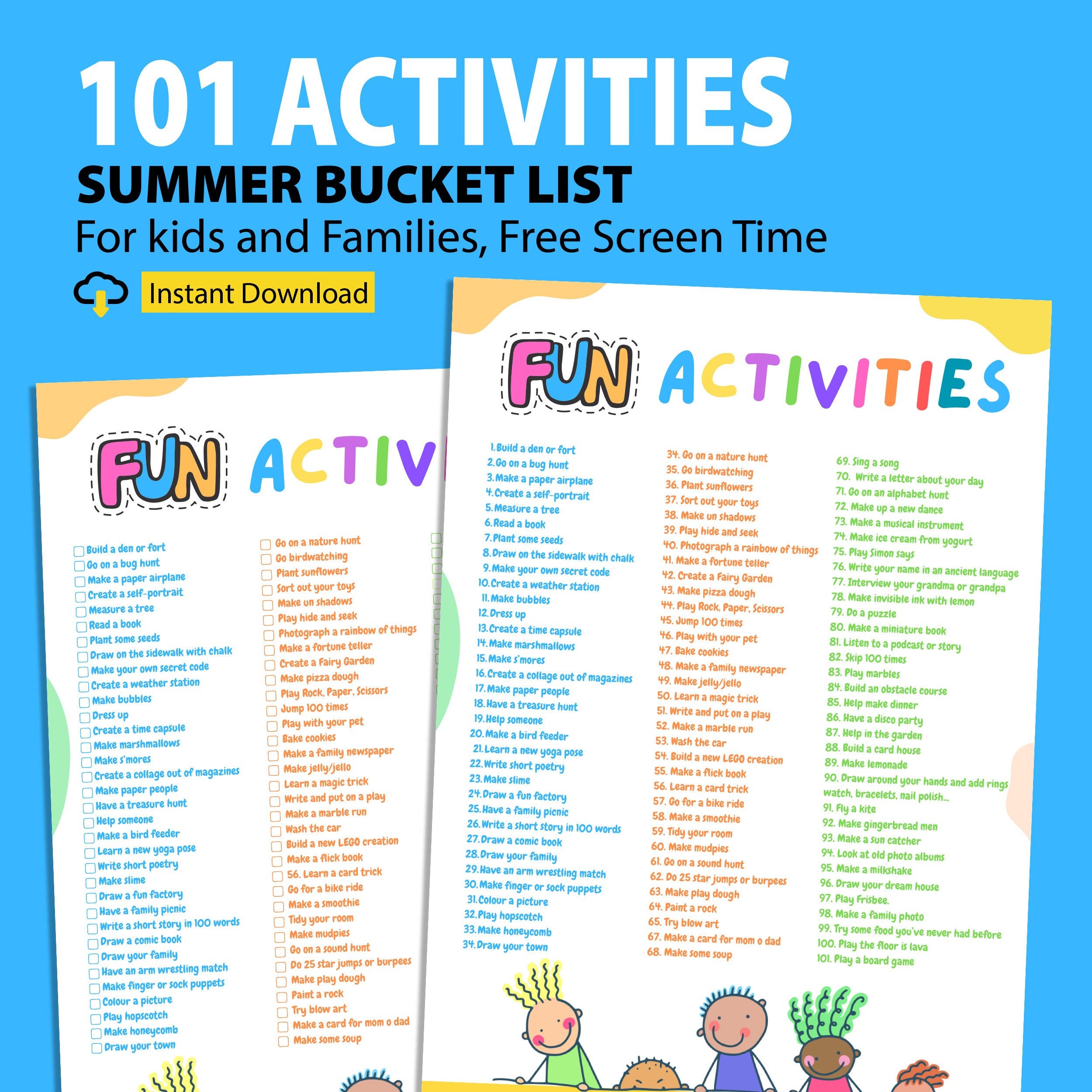Summer Bucket List for Kids and Families Printable, Free Screen Time ...