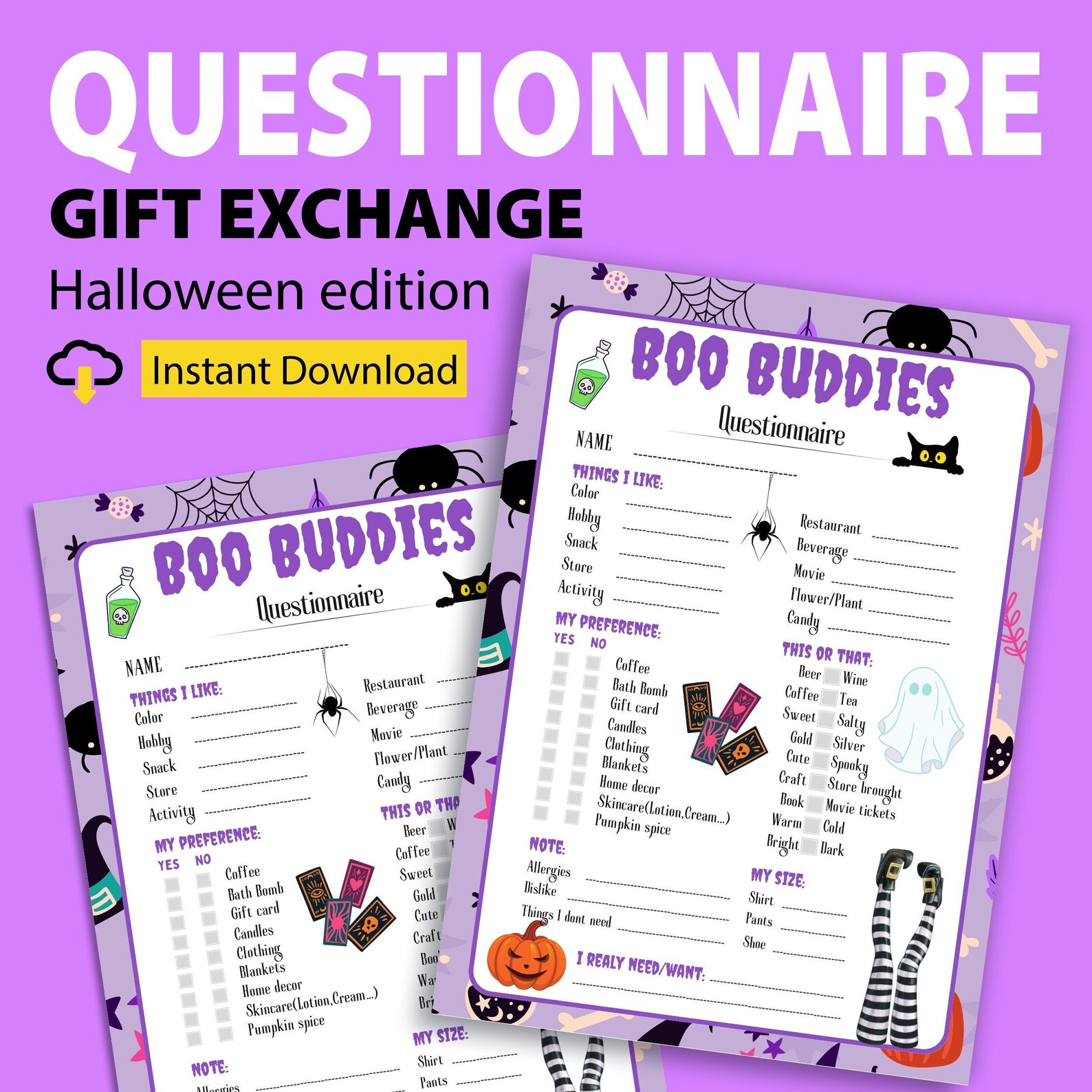 Printable Halloween Gift Exchange Questionnaire, Spooky Sister Survey ...