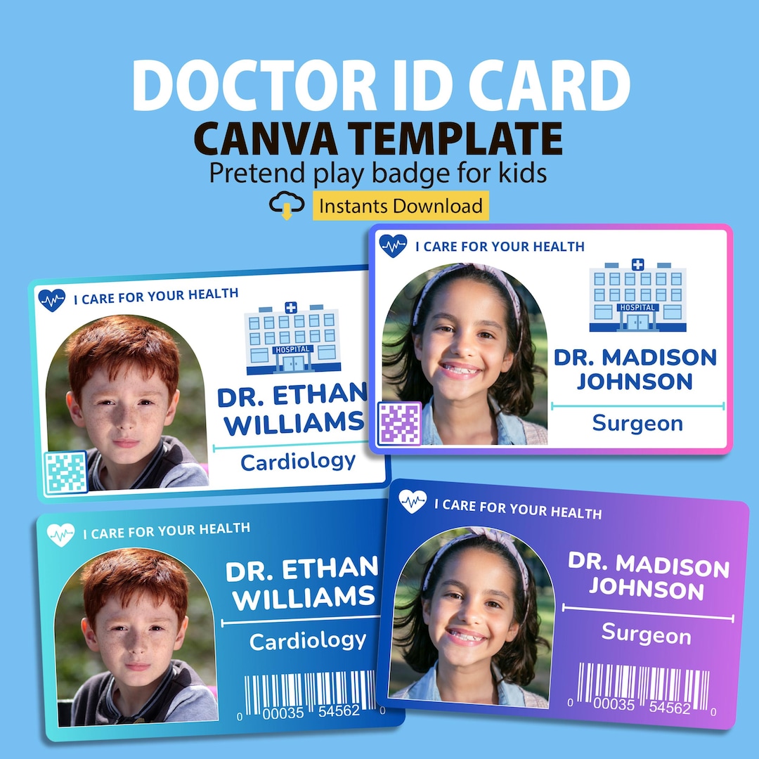 Kids Doctor ID Card Canva Template: Pretend Play Name Badge (digital ...