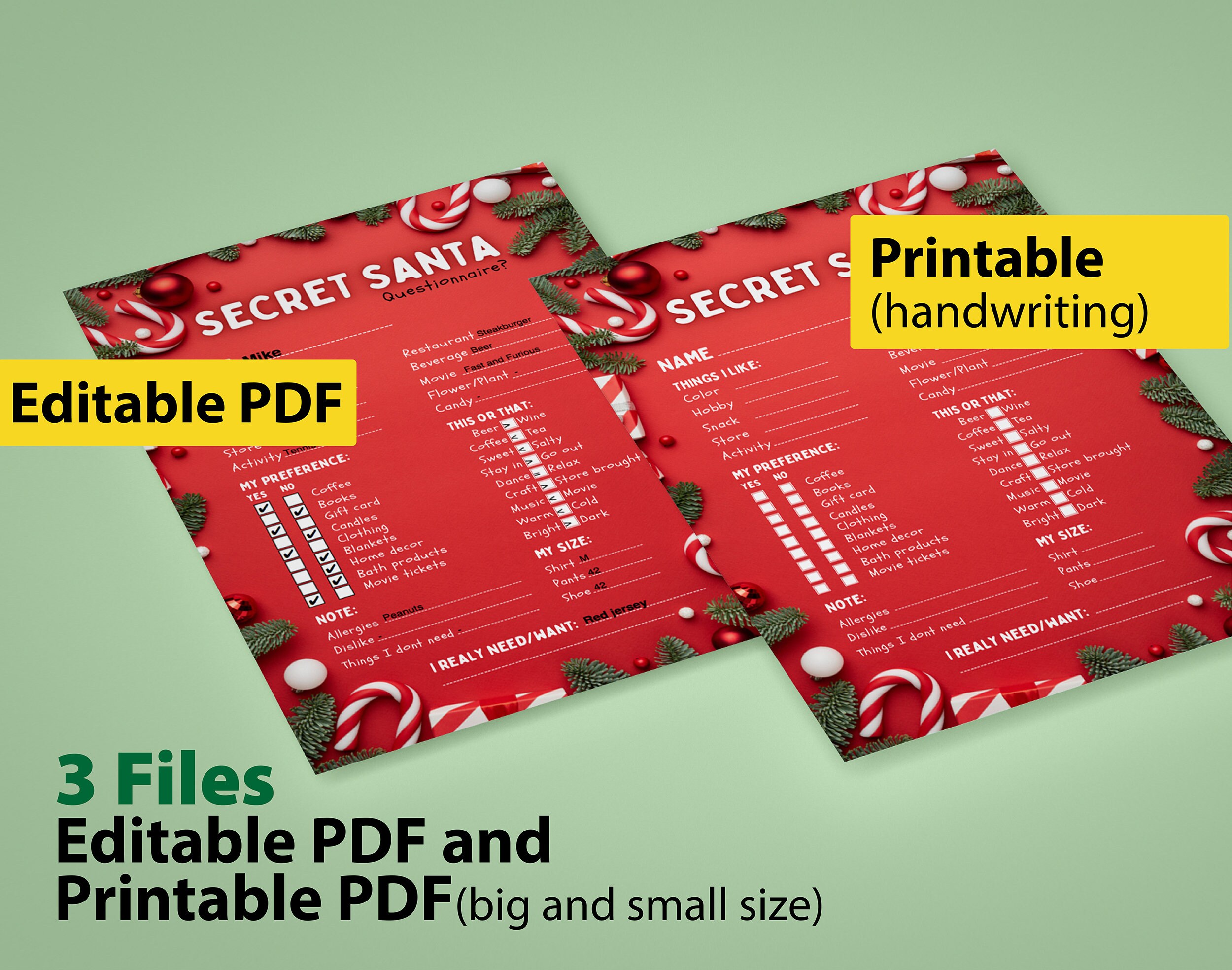 Secret Santa Questionnaire Editable Template, Holiday Christmas Gift ...
