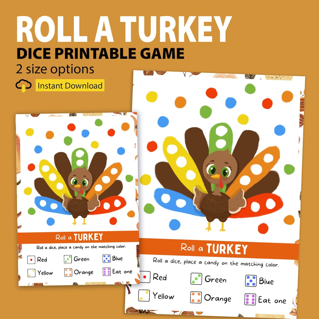 Roll a Turkey Game Printable Activity for Kids, Thanksgiving Kids Table ...
