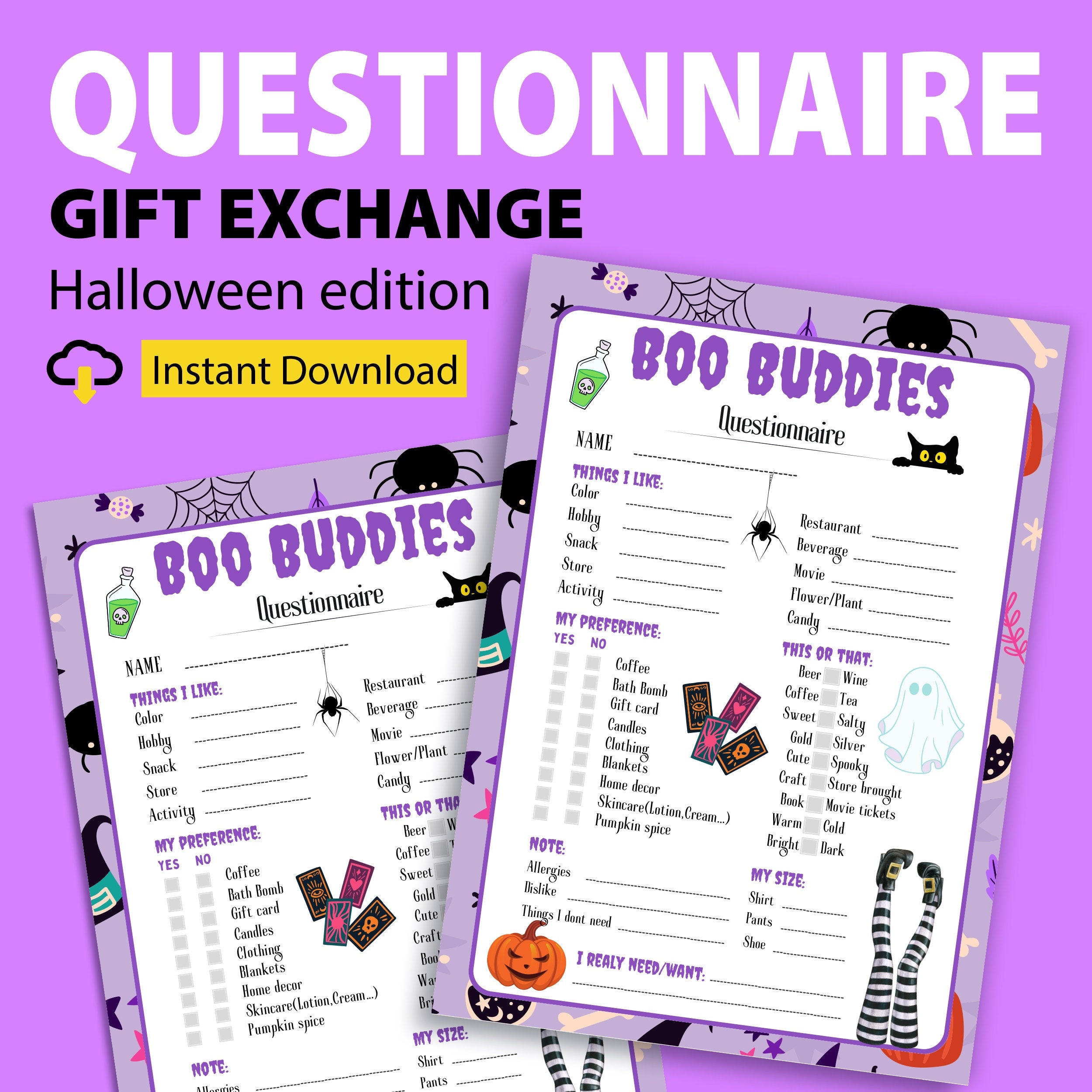 Printable Halloween Gift Exchange Questionnaire, Spooky Sister Survey ...