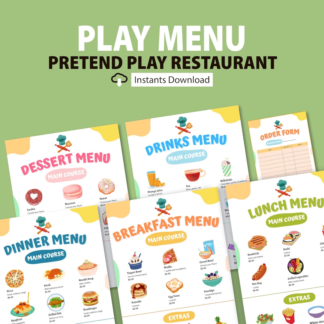 Pretend Play Restaurant Menu Printable: Kids Kitchen, Chef Roleplay ...