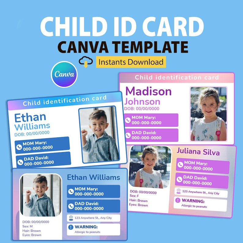 Child ID Card Template: Printable, Editable Kid Safety Badge (canva ...