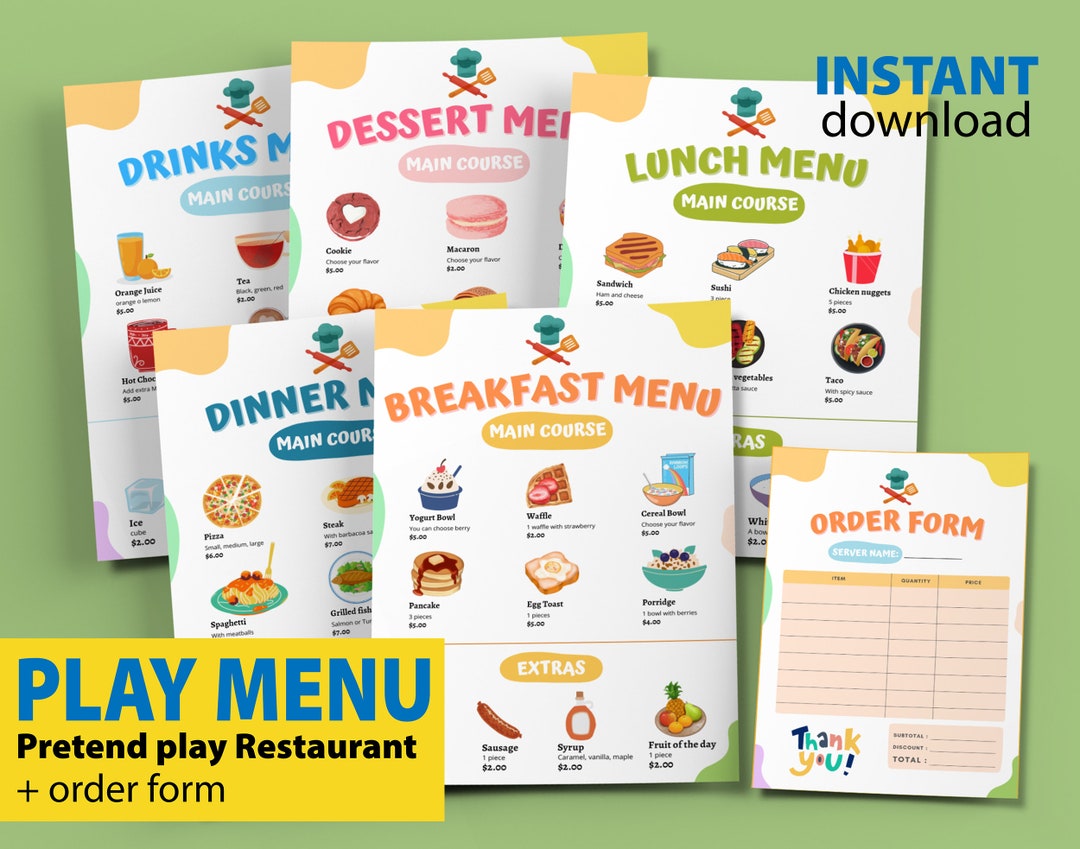 Pretend Play Restaurant Menu Printable Kids Kitchen Play - Etsy