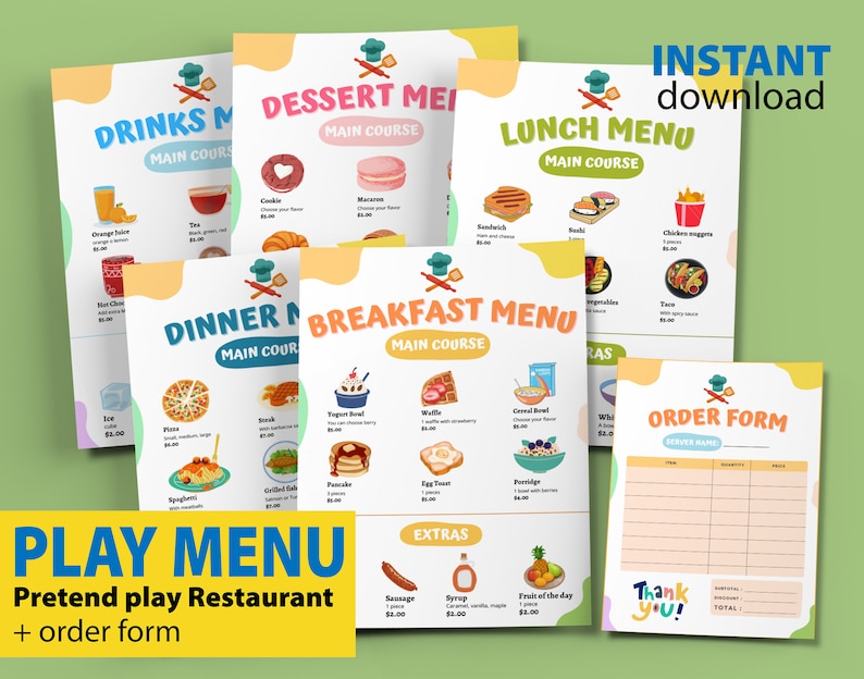 Pretend Play Restaurant Menu Printable Kids Kitchen Play - Etsy