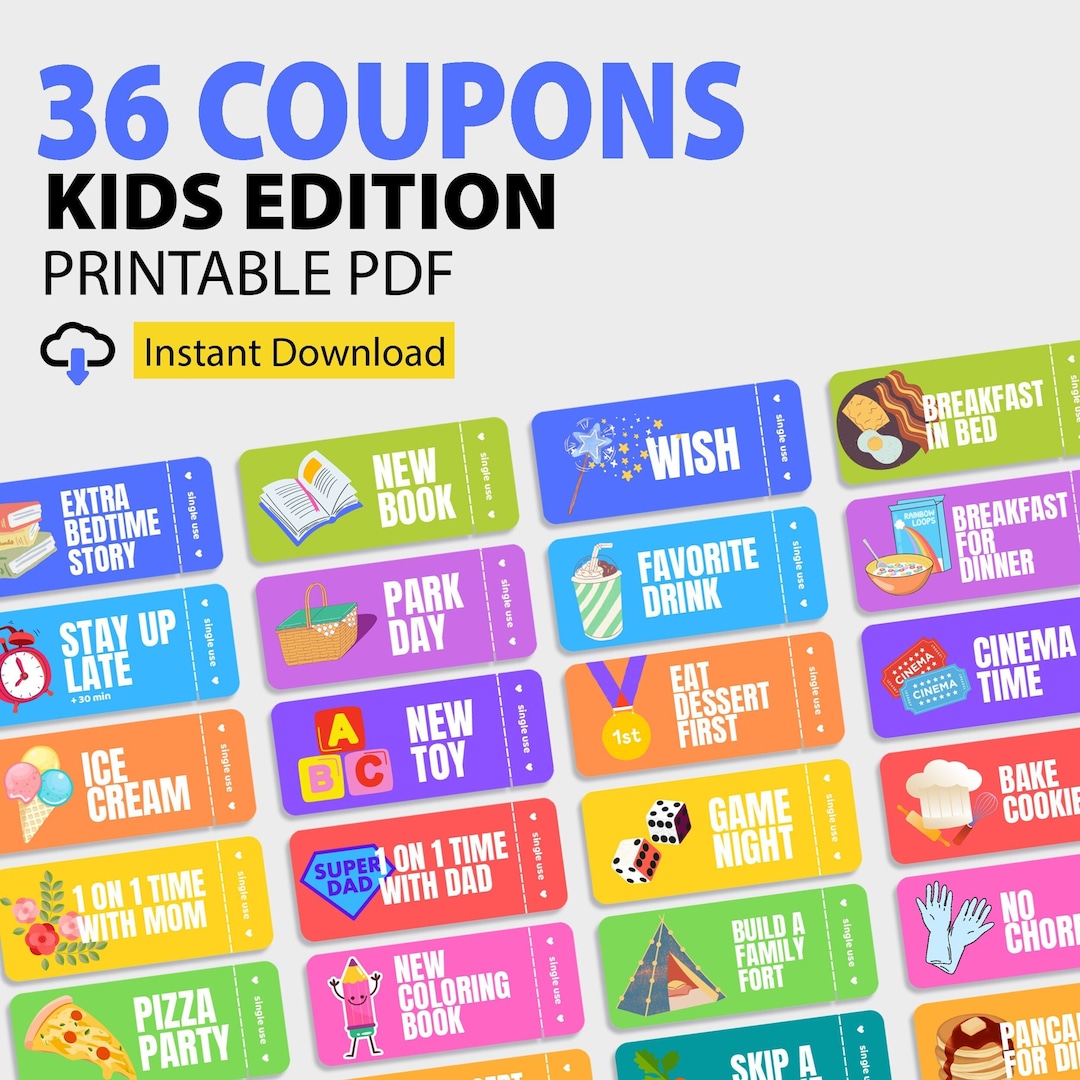 Kids Reward Coupon Printable, Reward Coupon Booklet, Birthday Coupon ...