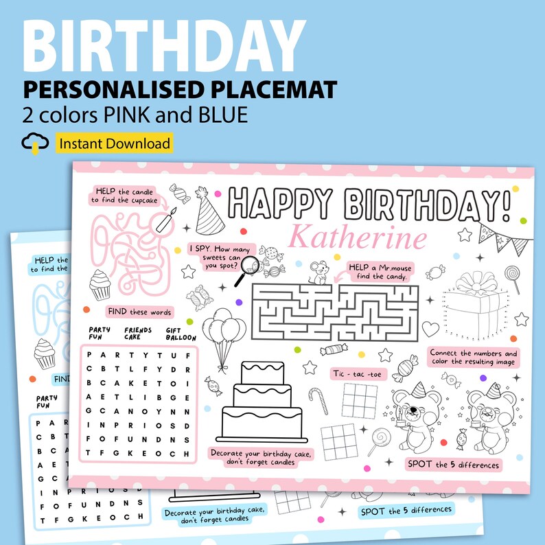 Personalized Birthday Coloring Placemat: Party Activity Sheet (digital ...