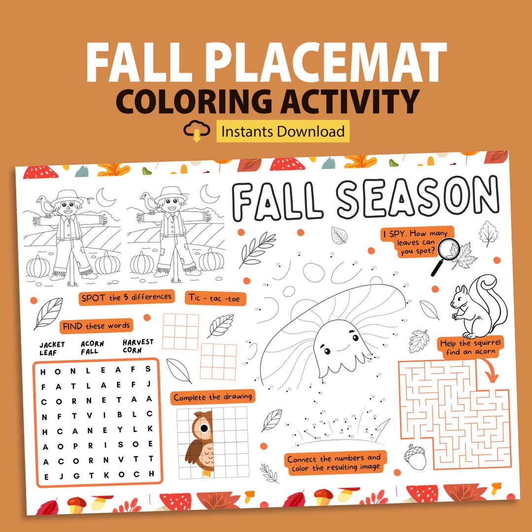 Fall Activity Placemat, Printable Fall Coloring Placemats, Fall ...