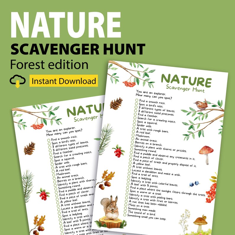 Printable Nature Outdoor Scavenger Hunt, Woodland Treasure Hunt for ...