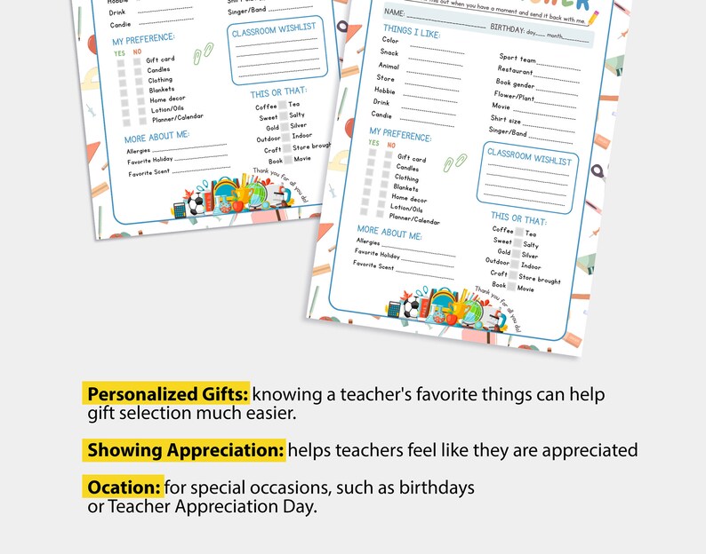 Editable Teacher Favorite Things Questionnaire: Printable All About My ...