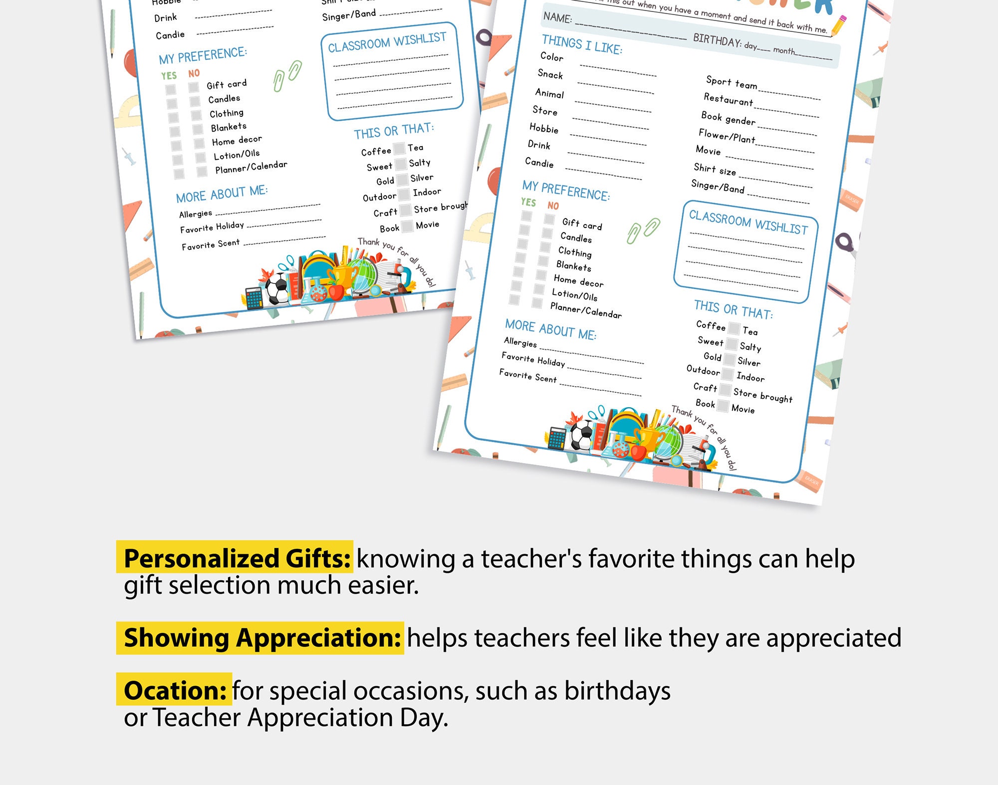 Editable Teacher Favorite Things Questionnaire: Printable All About My ...