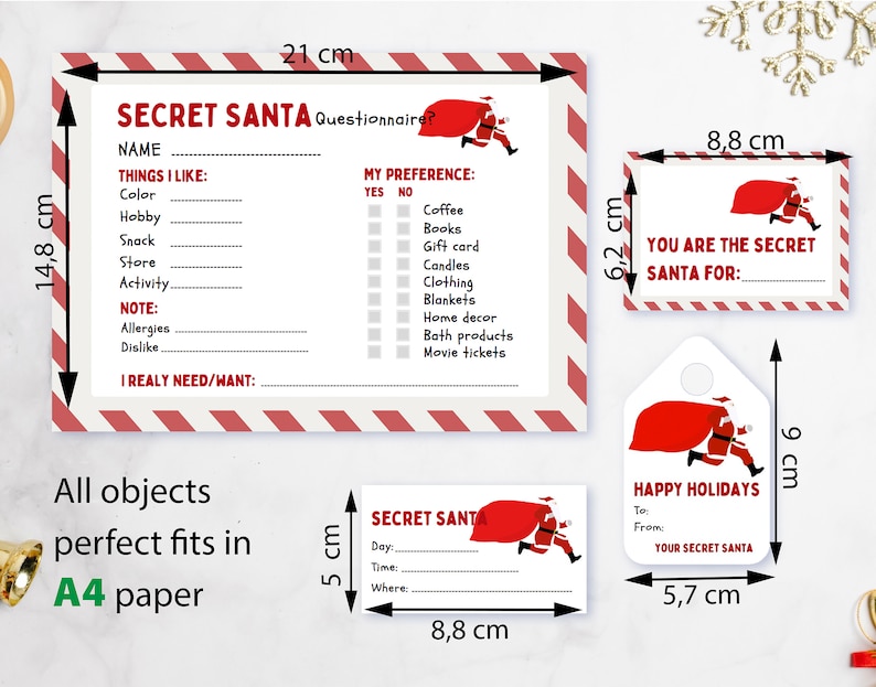 Secret Santa Questionnaire for Christmas Gift Exchange Printable Bundle ...