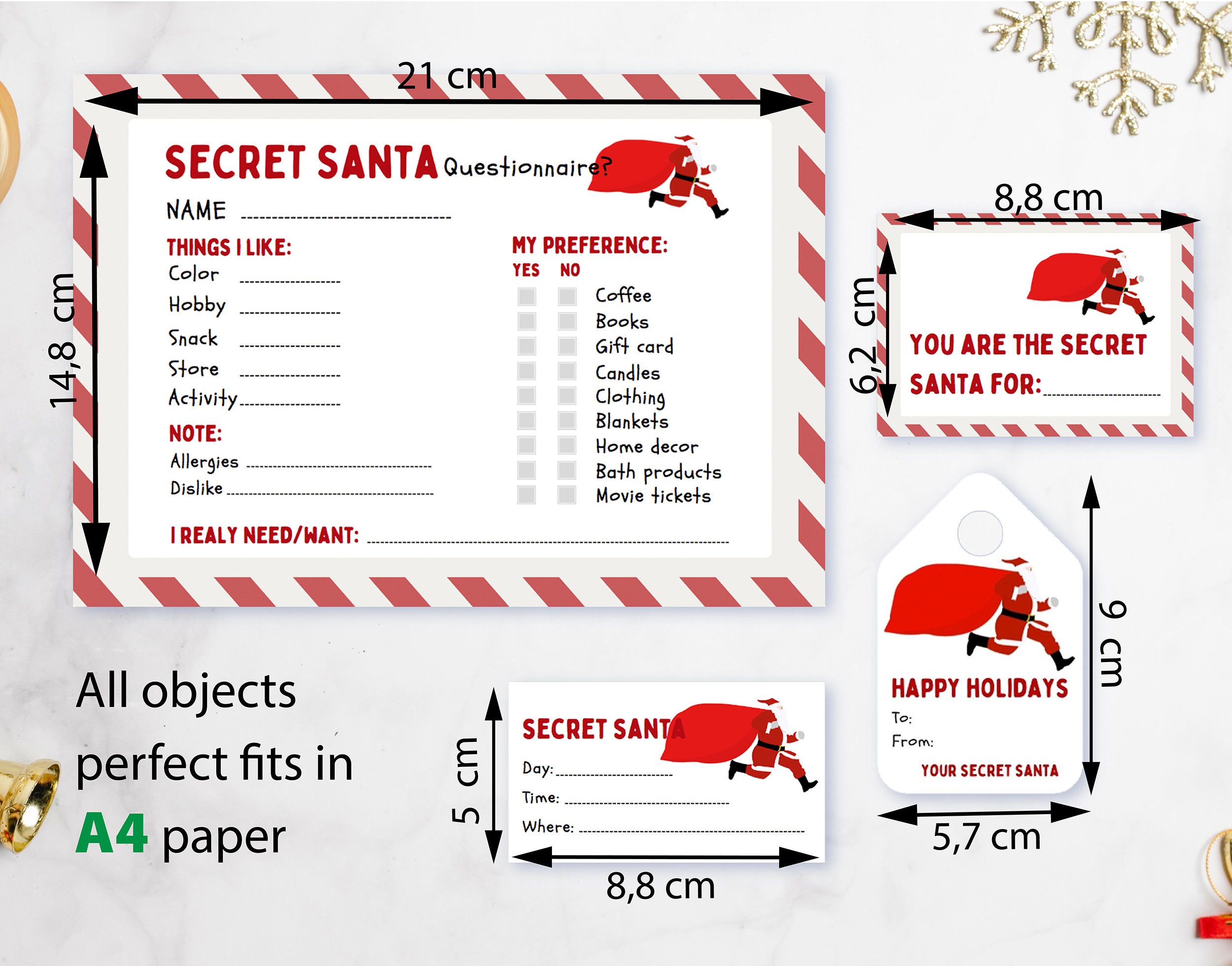 Secret Santa Questionnaire for Christmas Gift Exchange Printable Bundle ...