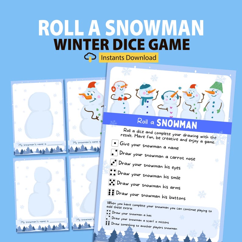 Roll A Snowman Game Printable, Printable Christmas Game, Winter ...