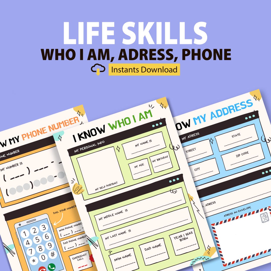 Life Skills Printable Worksheet Set: Address, Phone Number, All About ...
