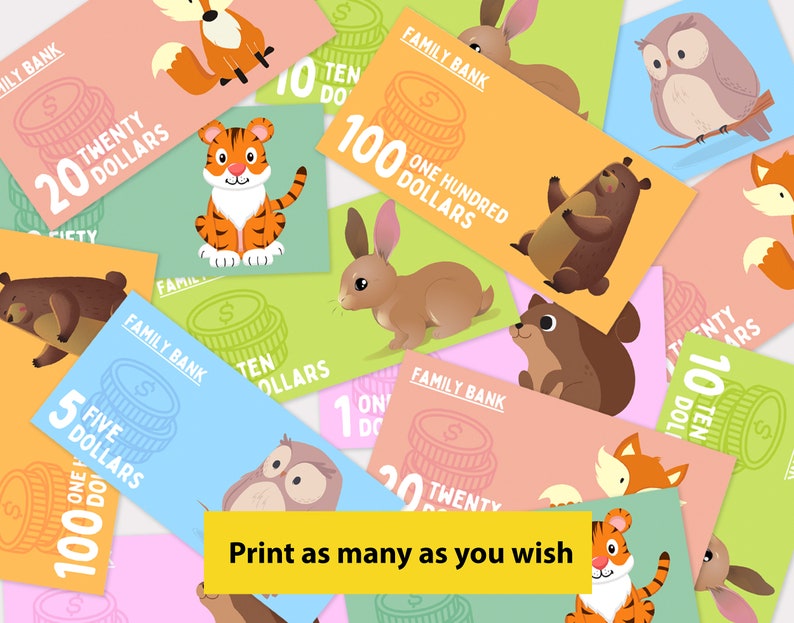 Printable Play Money for Kids: Animals Reward Bucks (PDF Download A4 ...