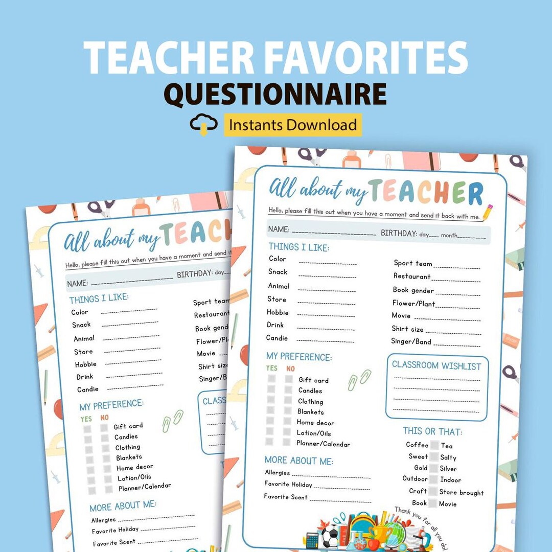 Teacher Favorite Things, All About the Teacher Printable With Classroom ...