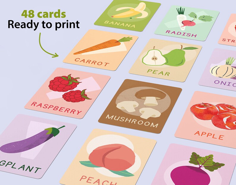 48 Fruit and Vegetable Flashcards Printable Practice Matching - Etsy