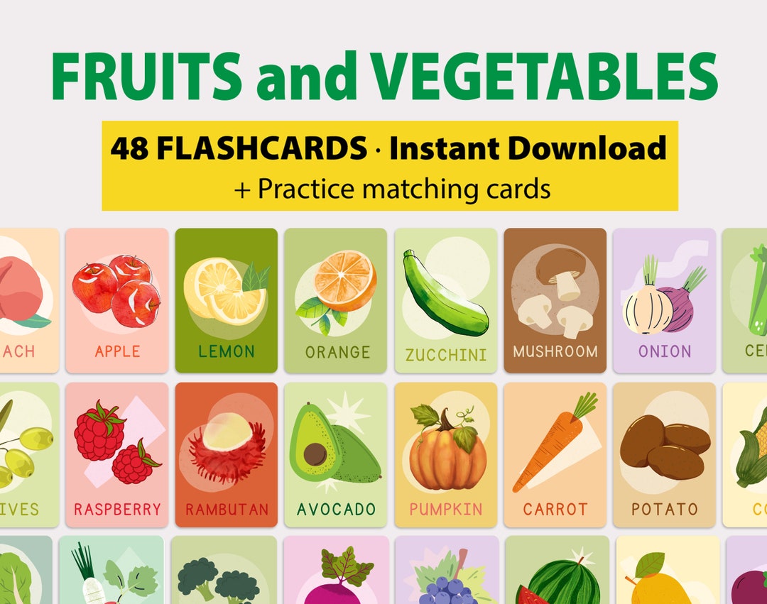 48 Fruit and Vegetable Flashcards Printable Practice Matching - Etsy