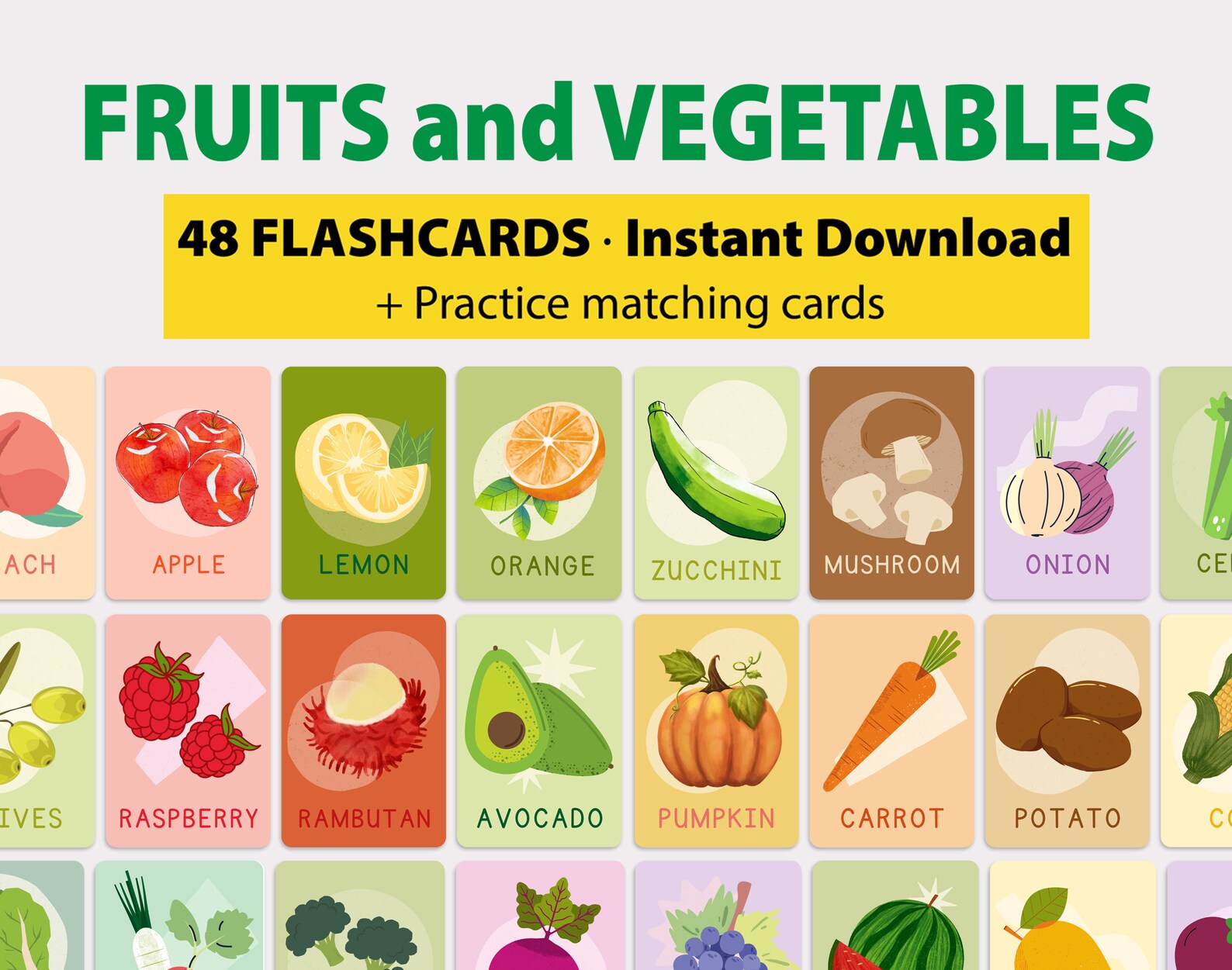 48 Fruit and Vegetable Flashcards Printable Practice Matching - Etsy