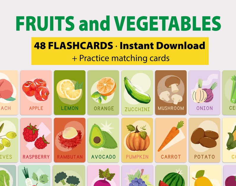 48 Fruit and Vegetable Flashcards Printable Practice Matching - Etsy