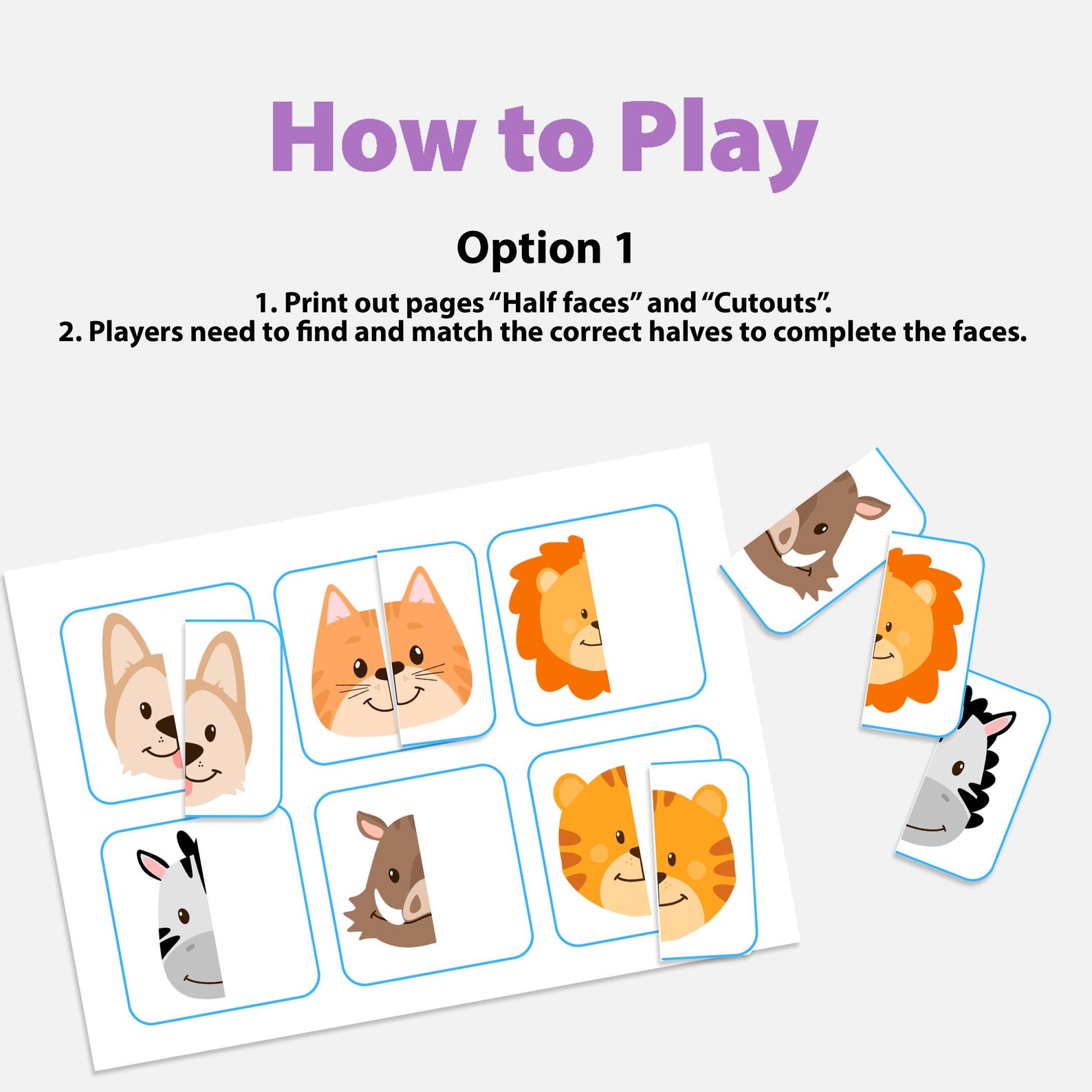 Animals Matching Game for Kids Printable, Symmetry Puzzle, Match ...