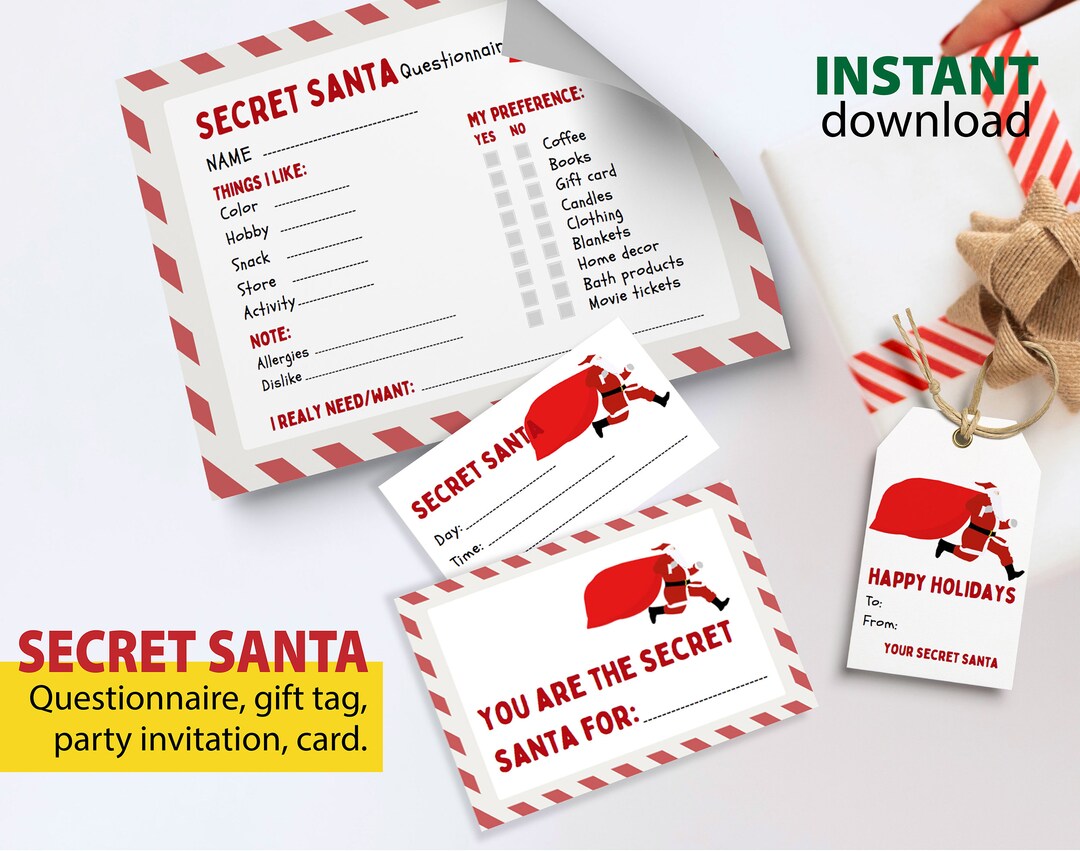 Secret Santa Questionnaire for Christmas Gift Exchange Printable Bundle ...