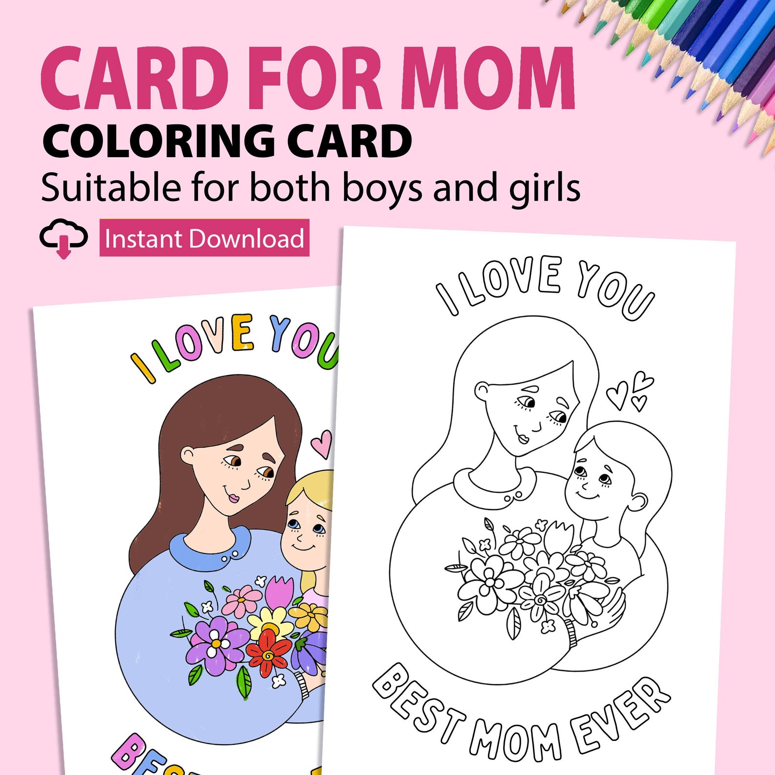 Mothers Day Coloring Card Printable, Coloring Card for Mom, Mothers Day ...