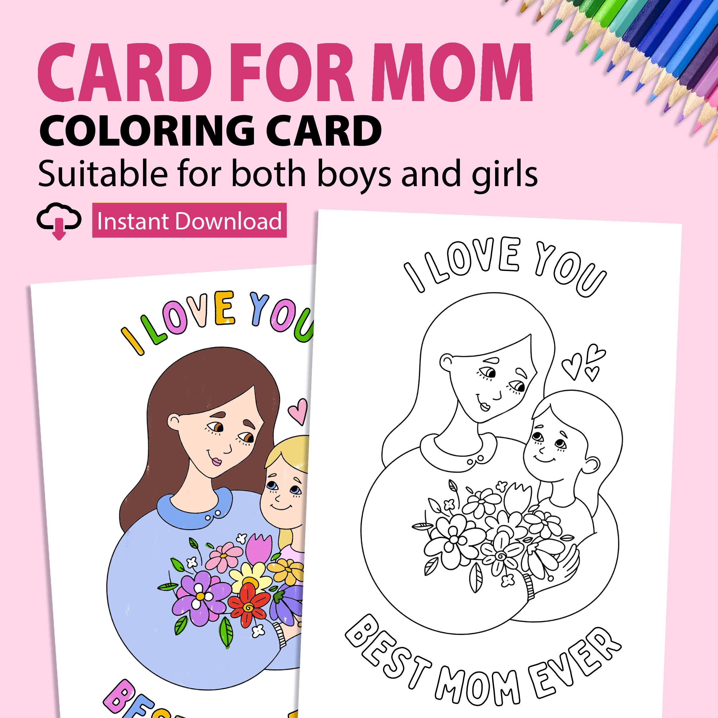 Mothers Day Coloring Card Printable, Coloring Card for Mom, Mothers Day ...