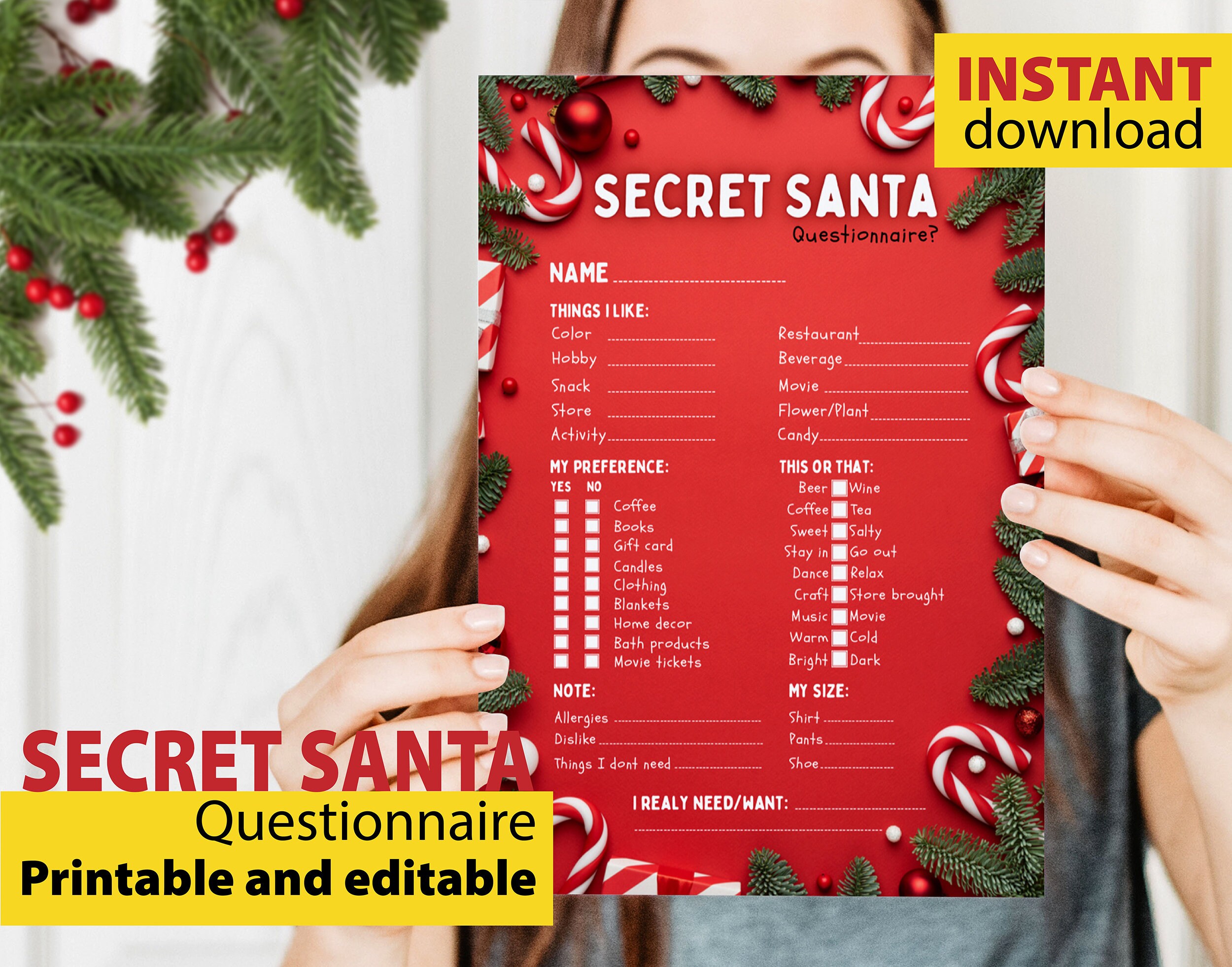 Secret Santa Questionnaire Editable Template, Holiday Christmas Gift ...