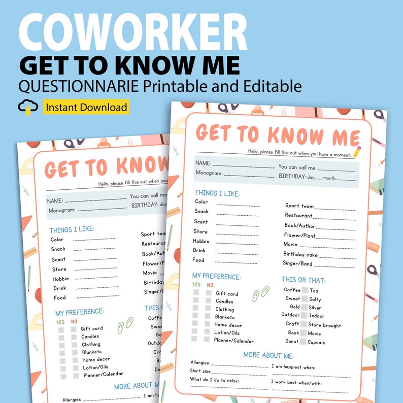Printable Coworker Questionnaire Editable, Gift Exchange Team Survey ...