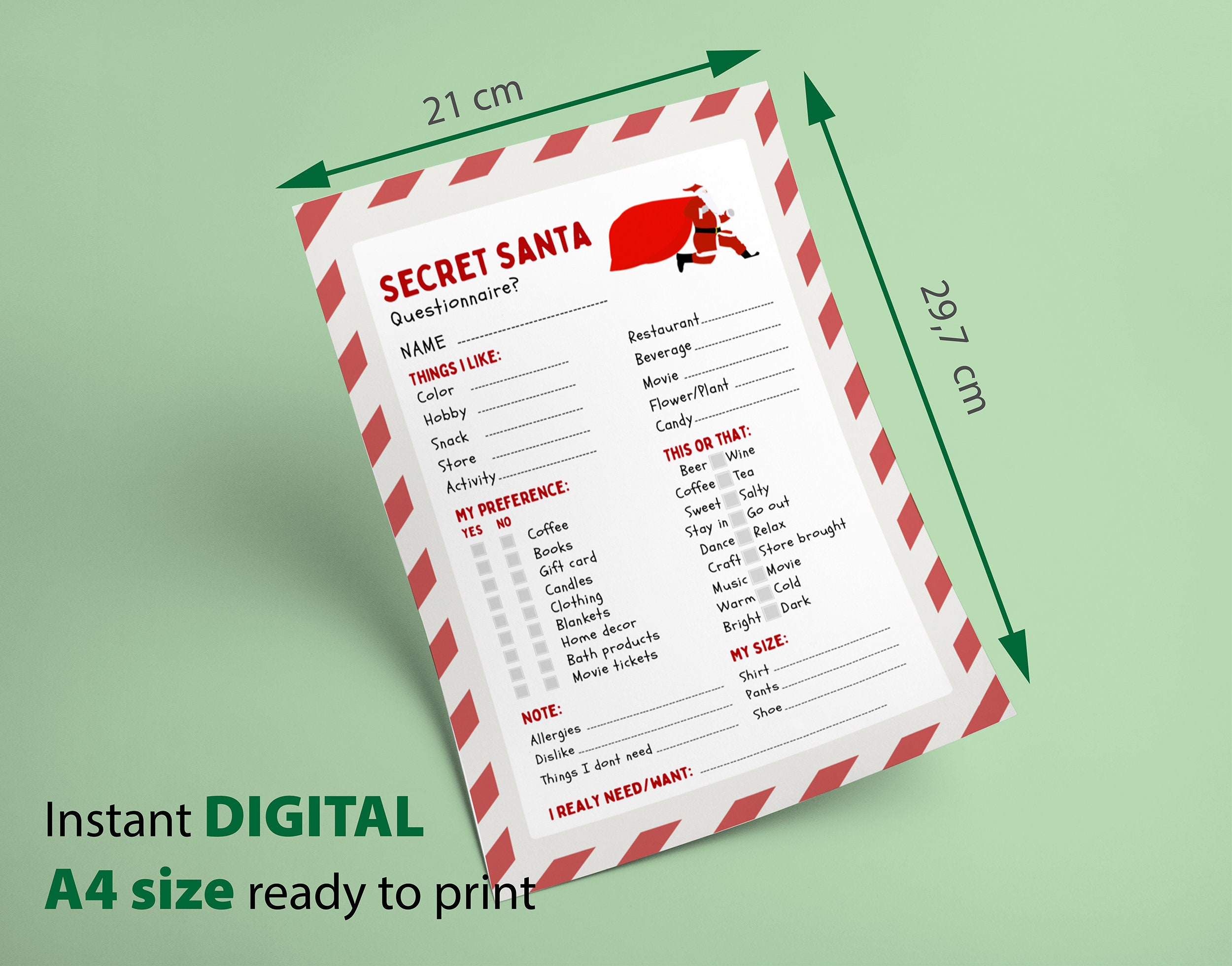 Secret Santa Questionnaire Printable and Editable, Secret Santa Form ...