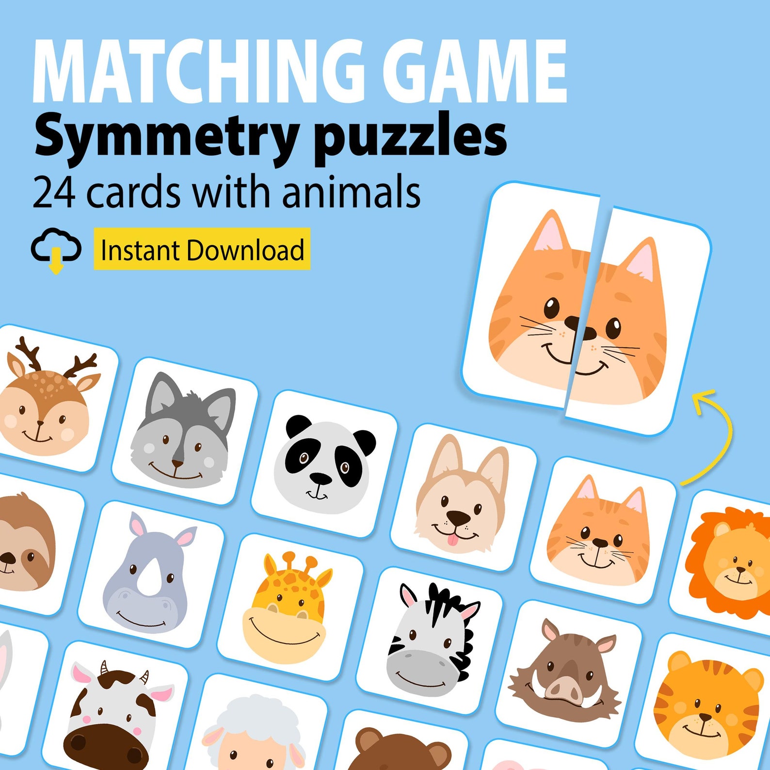 Animals Matching Game for Kids Printable, Symmetry Puzzle, Match ...