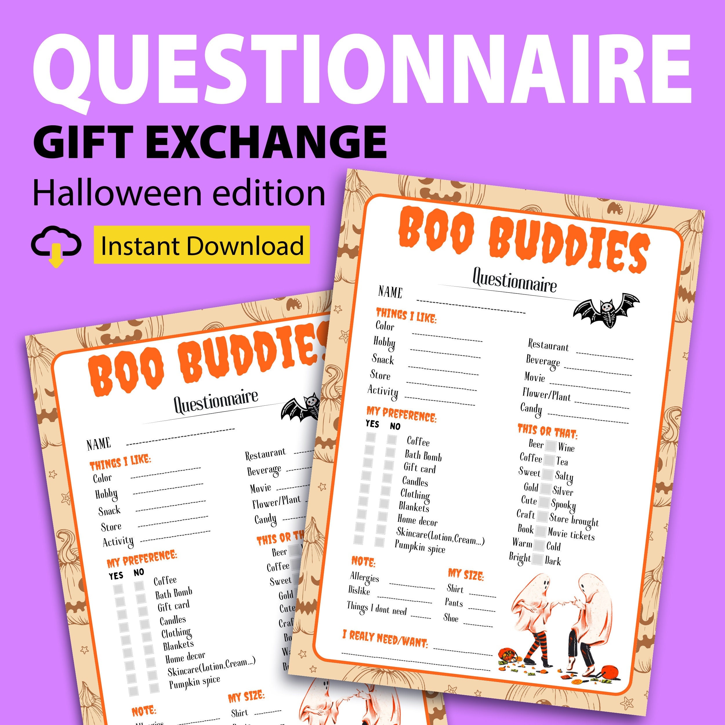 Halloween Gift Exchange Printable, Boo Buddy Questionaire, Halloween ...