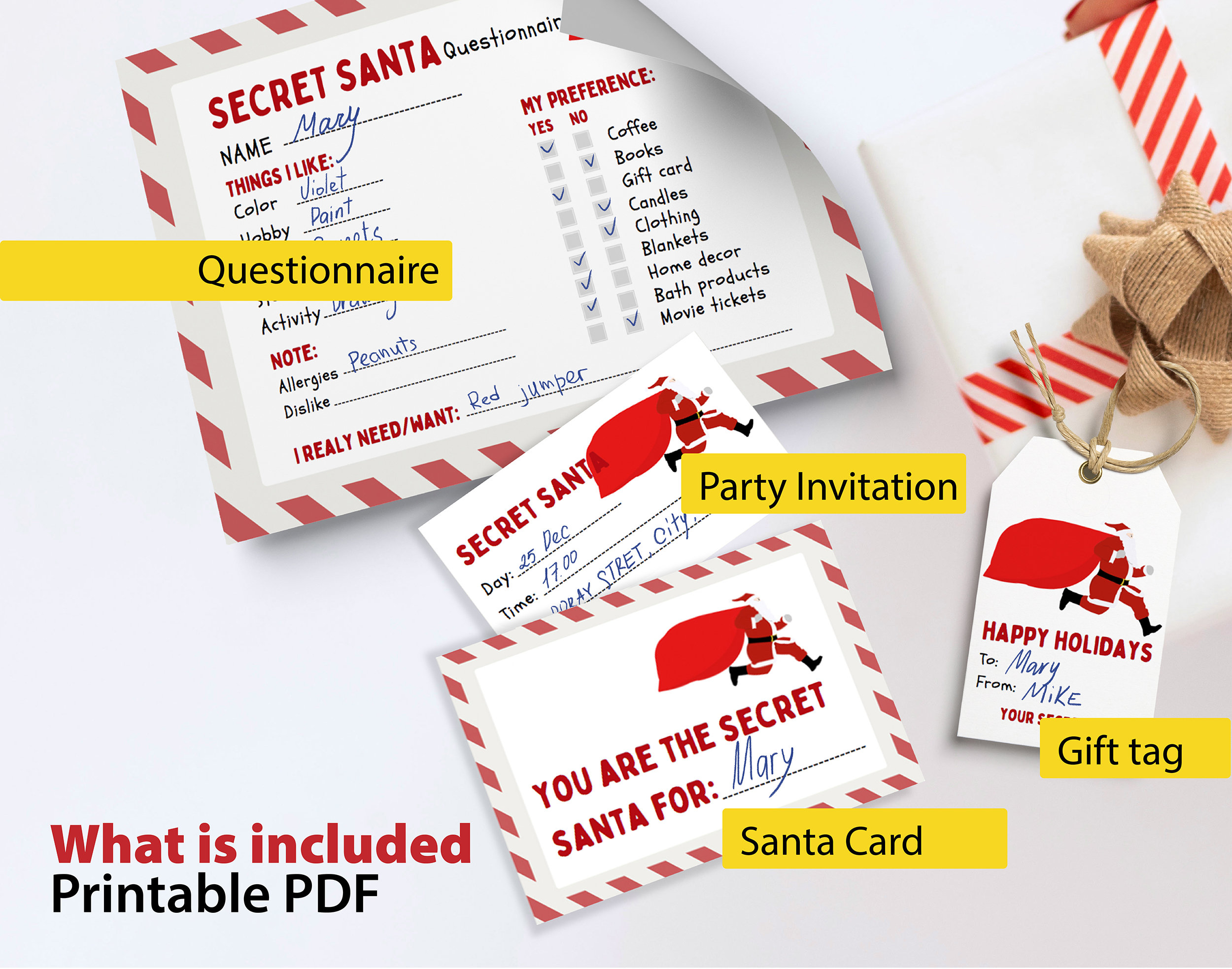 Secret Santa Questionnaire for Christmas Gift Exchange Printable Bundle ...