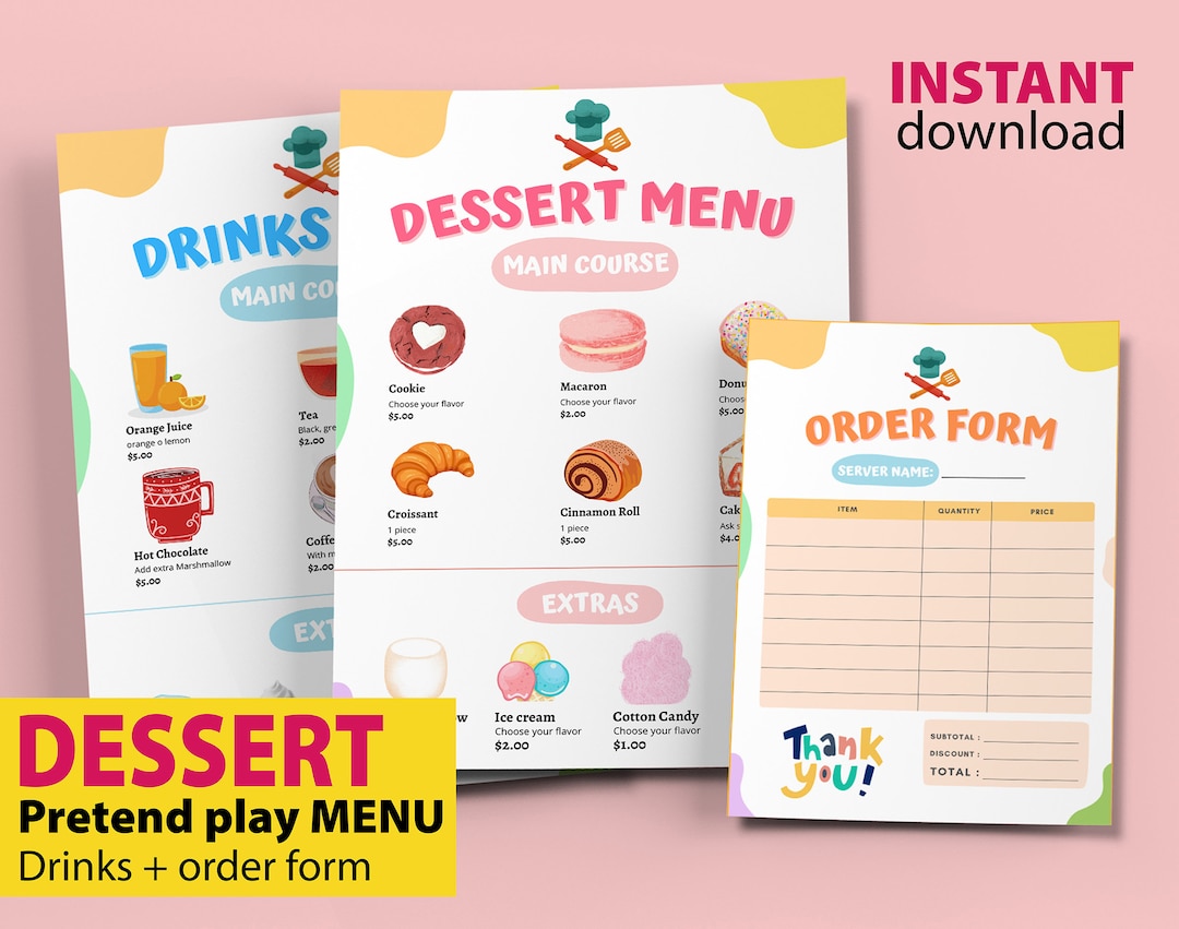 Pretend Play Restaurant Dessert Menu Printable, Kids Play Menus, Kids ...