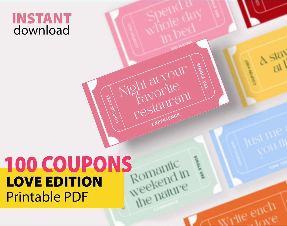 100 Love Coupon Book Printable Valentines Day Coupons Gift - Etsy