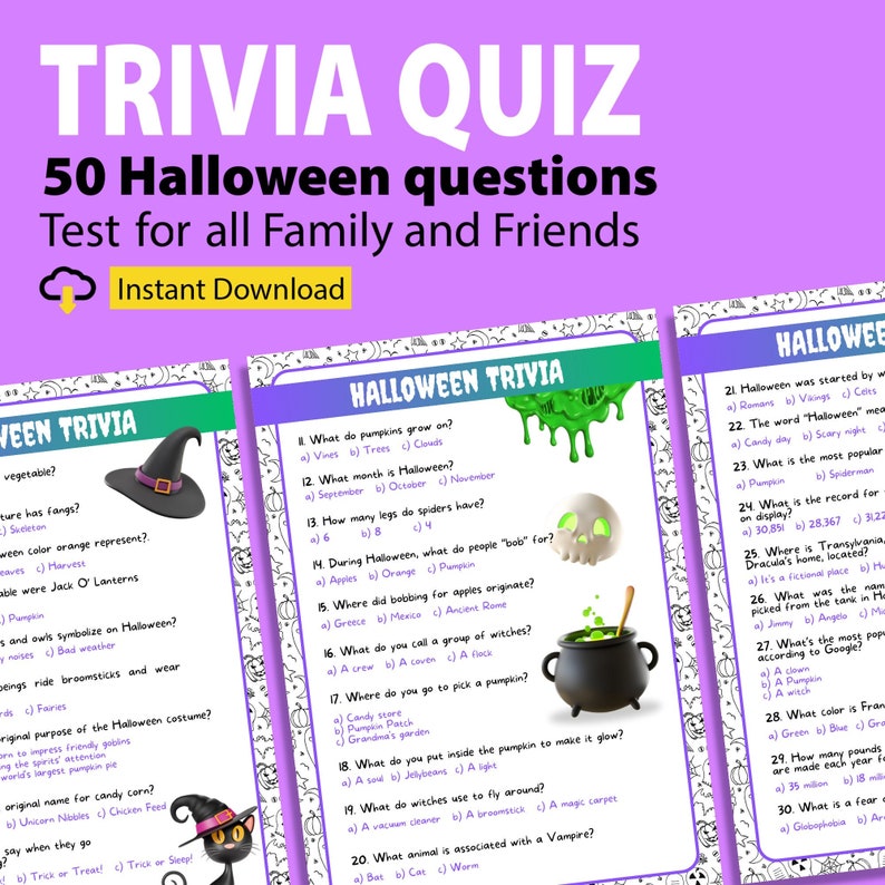 Printable Halloween Trivia Quiz, 50 Quiz Questions to Test Family and ...