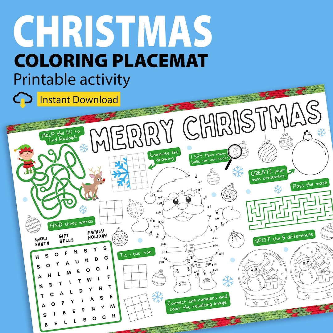 Christmas Coloring Placemat Printable Activity for Kids, Christmas ...
