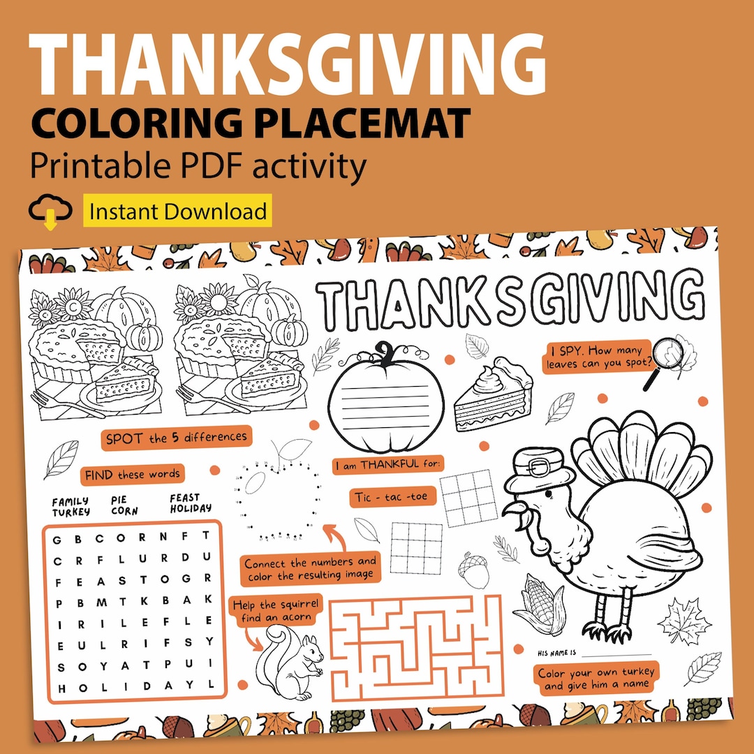 Thanksgiving Coloring Placemat Printable Activity for Kids - Etsy