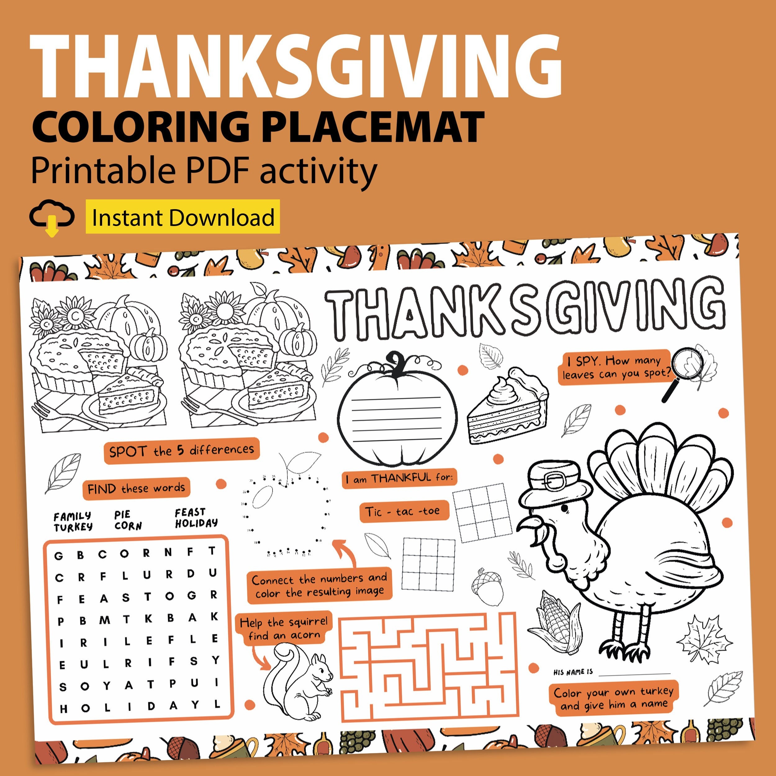 Thanksgiving Coloring Placemat Printable Activity for Kids - Etsy