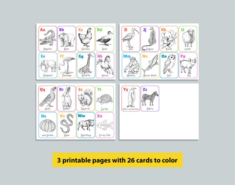 Animal Alphabet Coloring Pages Printables, Alphabet Coloring Cards ...