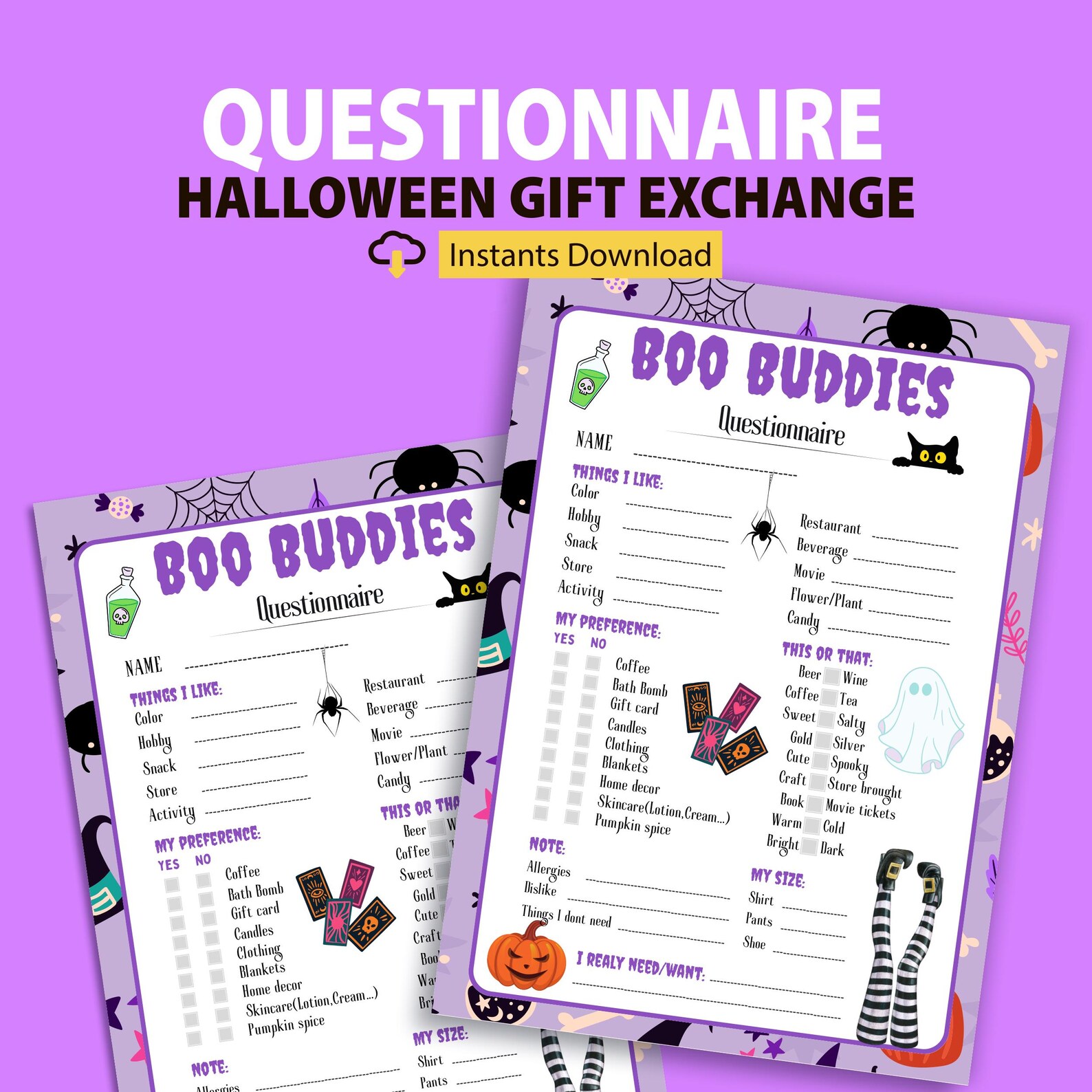 Printable Halloween Gift Exchange Questionnaire, Spooky Sister Survey ...